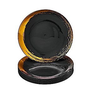 Royalty Gold Brush Stroke Rimmed Plastic Dessert Plates for Party (10 PC) Heavy Duty Disposable Dinner Set 7.5", Fine China Look Dishes for Baby Showers, Birthdays, Weddings, Holidays & Events - Black
