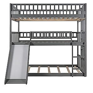 BOVZA Triple Bunk Bed with Slide, Full Over Full Over Full Wood Floor Bunk Bed with Built-in Ladder and Guardrails, 3 Bunk Beds for Kids Teens Adults, Gray