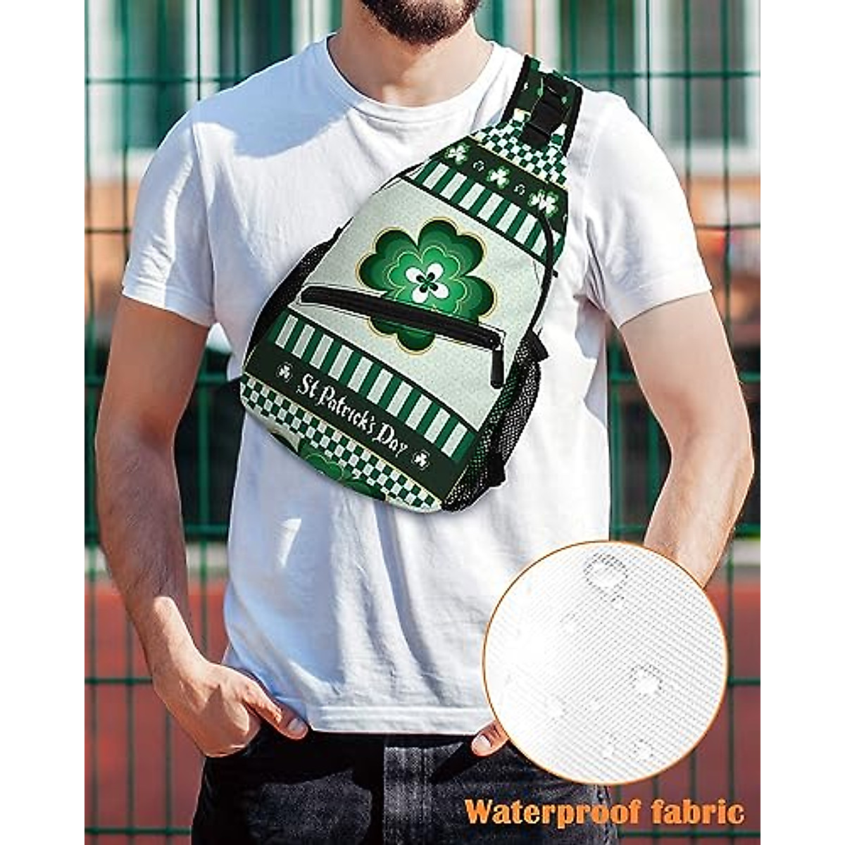 Sling Backpack, St. Patrick's Day Lucky Shamrock Green White Checkered Pattern Waterproof Lightweight Small Sling Bag, Travel Chest Bag Crossbody Shoulder Bag Hiking Daypack for Women Men