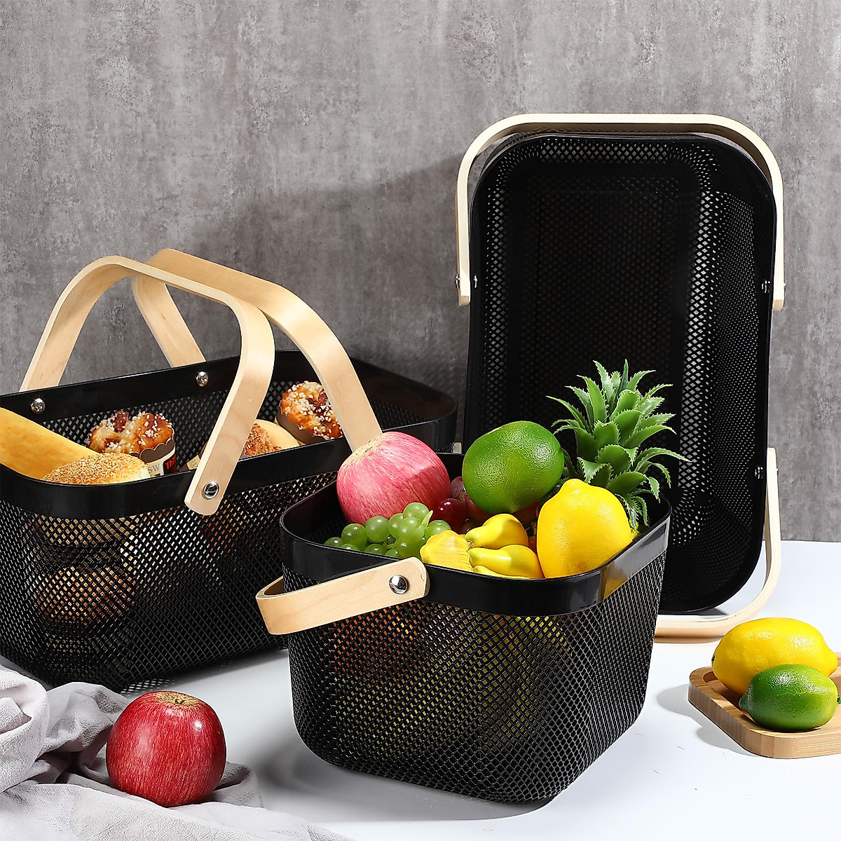 Sadnyy 4 Pcs Plastic Mesh Garden Harvest Basket Storage Basket with Wooden Handle Multi Functional Mesh Bin for Kitchen Cabinet Picnic Fruit Vegetable Gathering Organizer(Large, Small,Black)