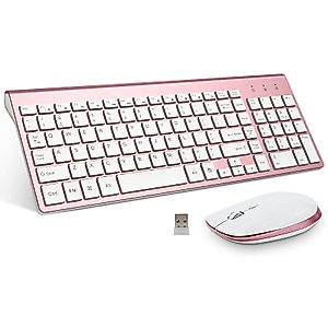Wireless Keyboard and Mouse, FENIFOX Full-Size Whisper-Quiet Compact Compatible with Mac PC Laptop Tablet Notebook Windows - Rose Gold Pink