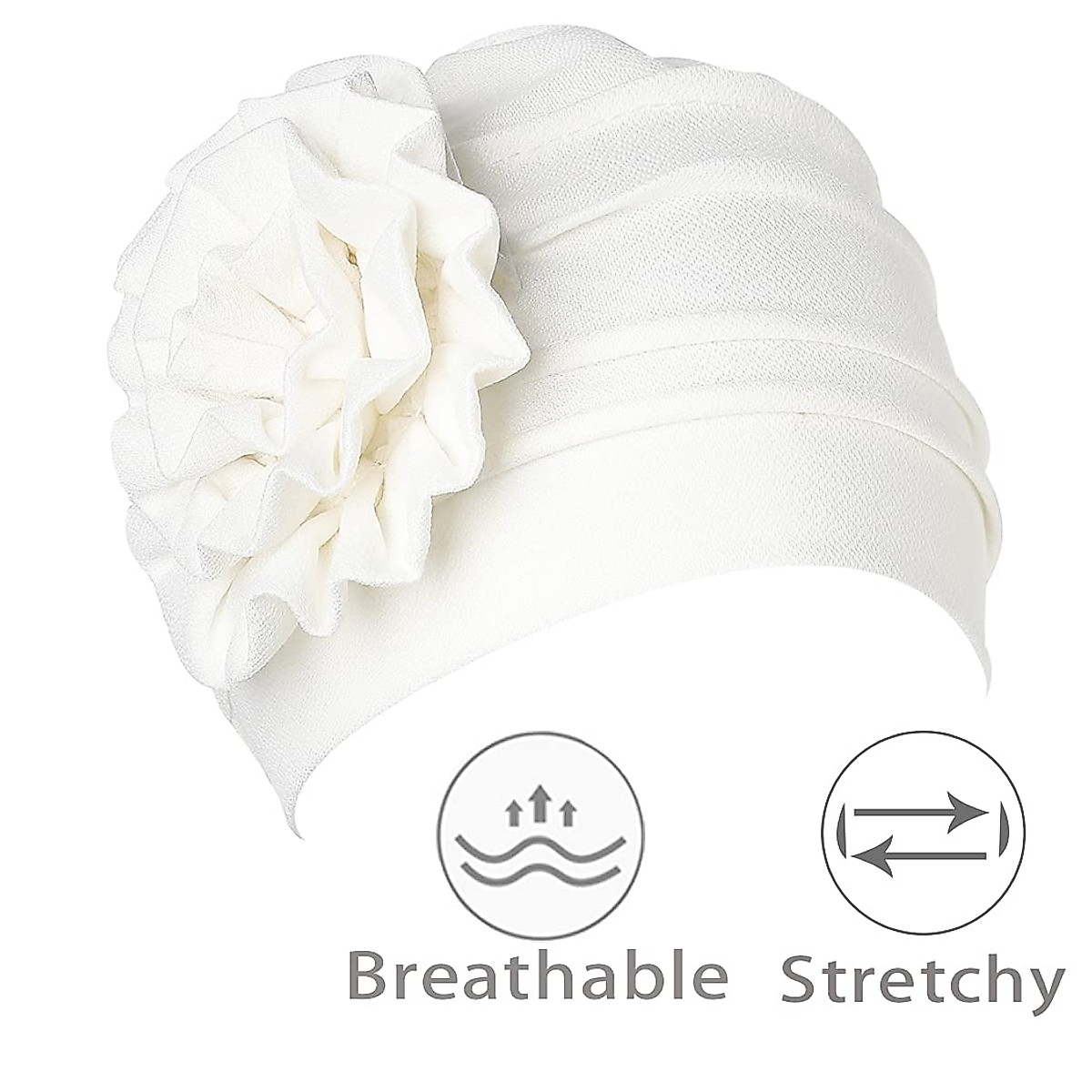 Bohend Women Turban Flower Headband Elastic Cap Pre-Tied Scarf Bonnet Beanie Headwrap Hats (White)