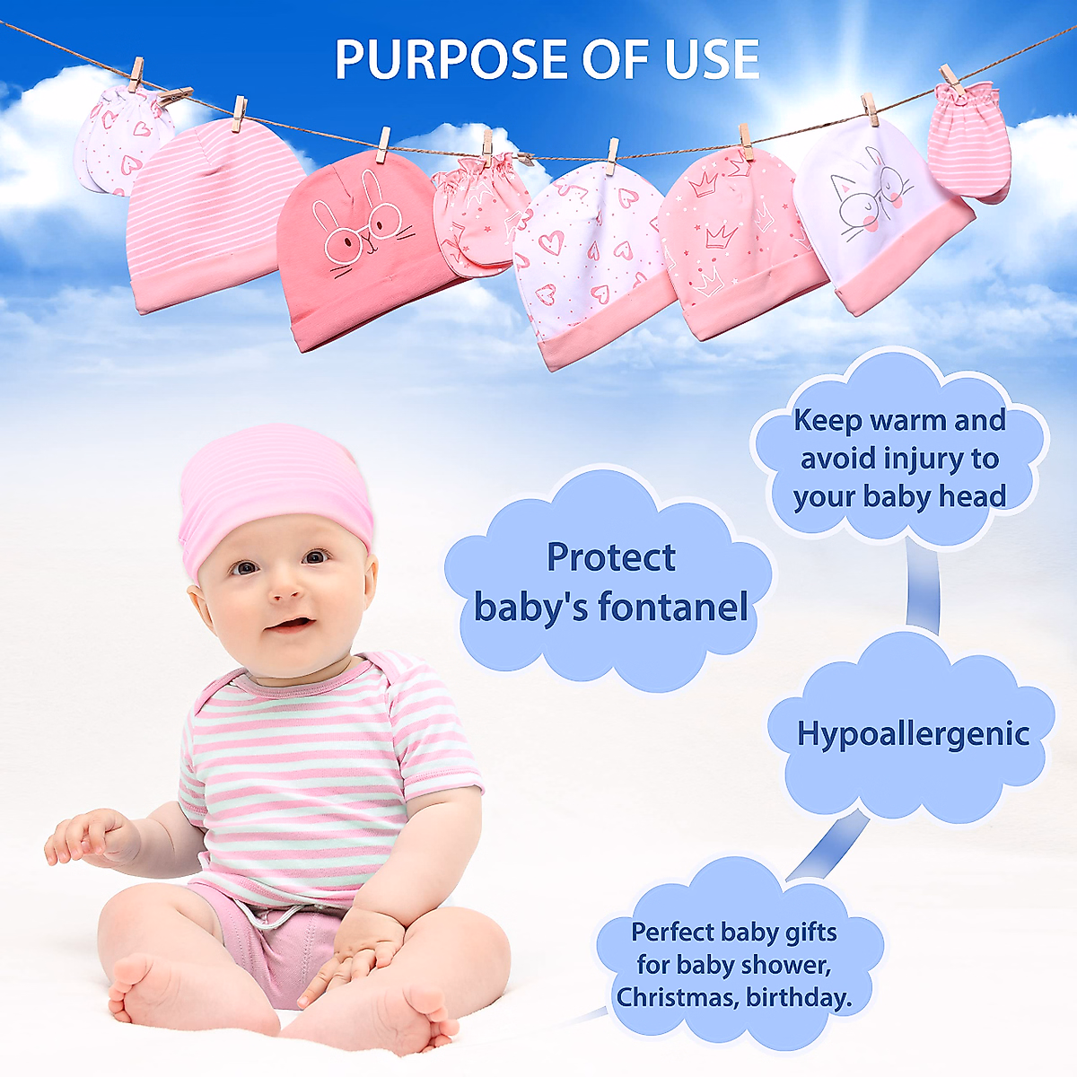 DOKMA Organic Cotton Baby Mittens and Caps Set - Mittens for Newborn 0-6 Months - Ultra Soft, No Scratch - 5 Caps x 3 Mittens