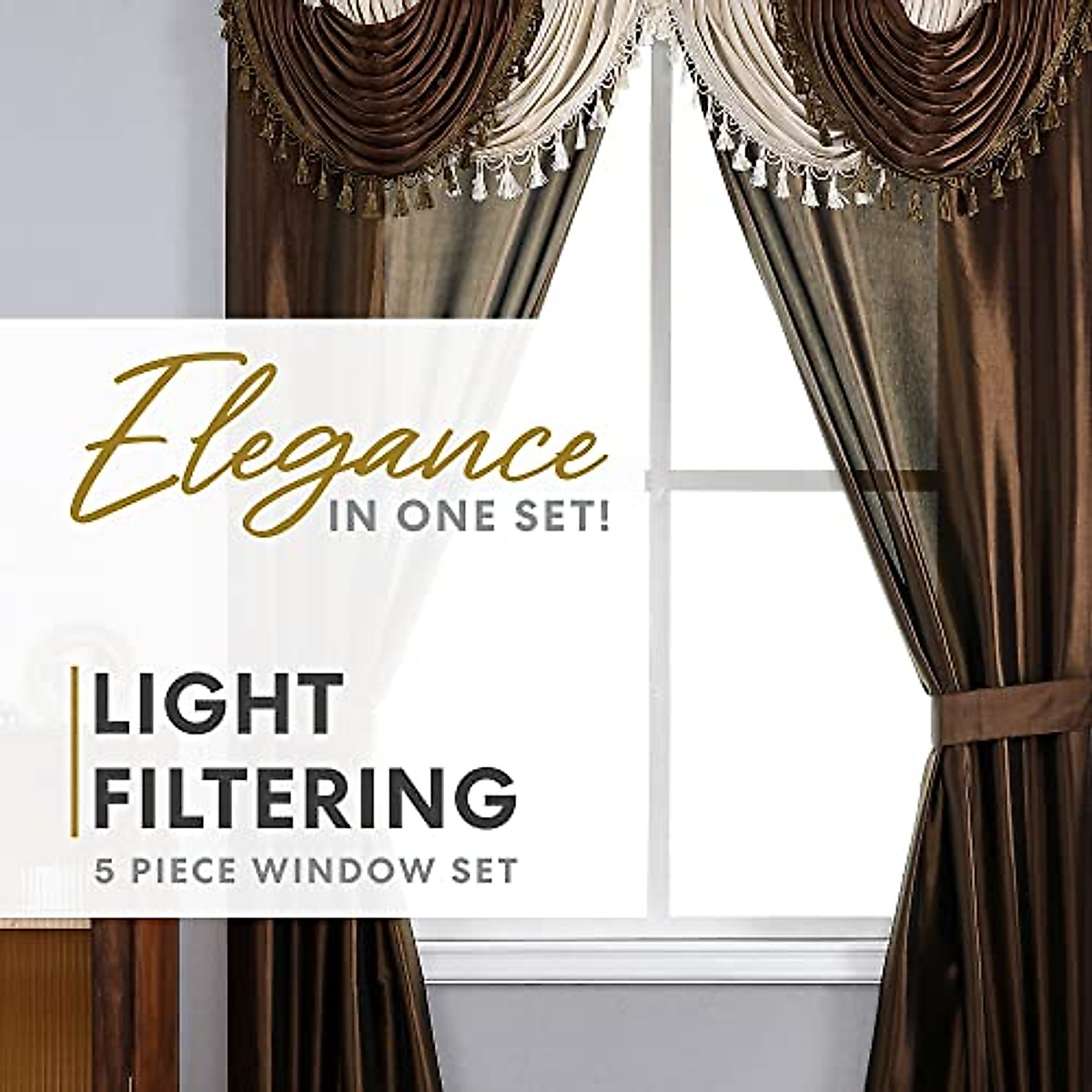 Regal Home Collections Amore Curtains 5-Piece Window Curtain Set - 54-Inch W x 84-Inch L Panels with Attached Valance and 2 Tiebacks - Bedroom Curtains and Living Room Curtains (Brown)