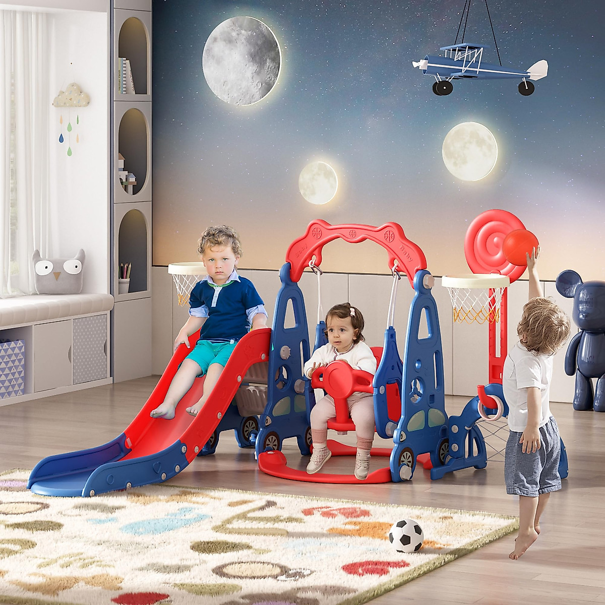 NYEEKOY 5 in 1 Toddler Slide and Swing Playset Indoor Outdoor Kids Slide for Toddler Age 1-8, Toddler Playground with Basketball Hoop and Long Slide, Backyards Silde Sets for Baby