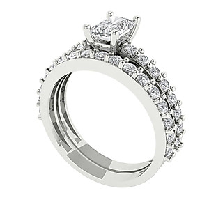 1.16 ct Emerald Cut Clear Simulated Diamond 14k White Gold Solitaire W/Accents Wedding Engagement Bridal Ring Band Set Sz 7