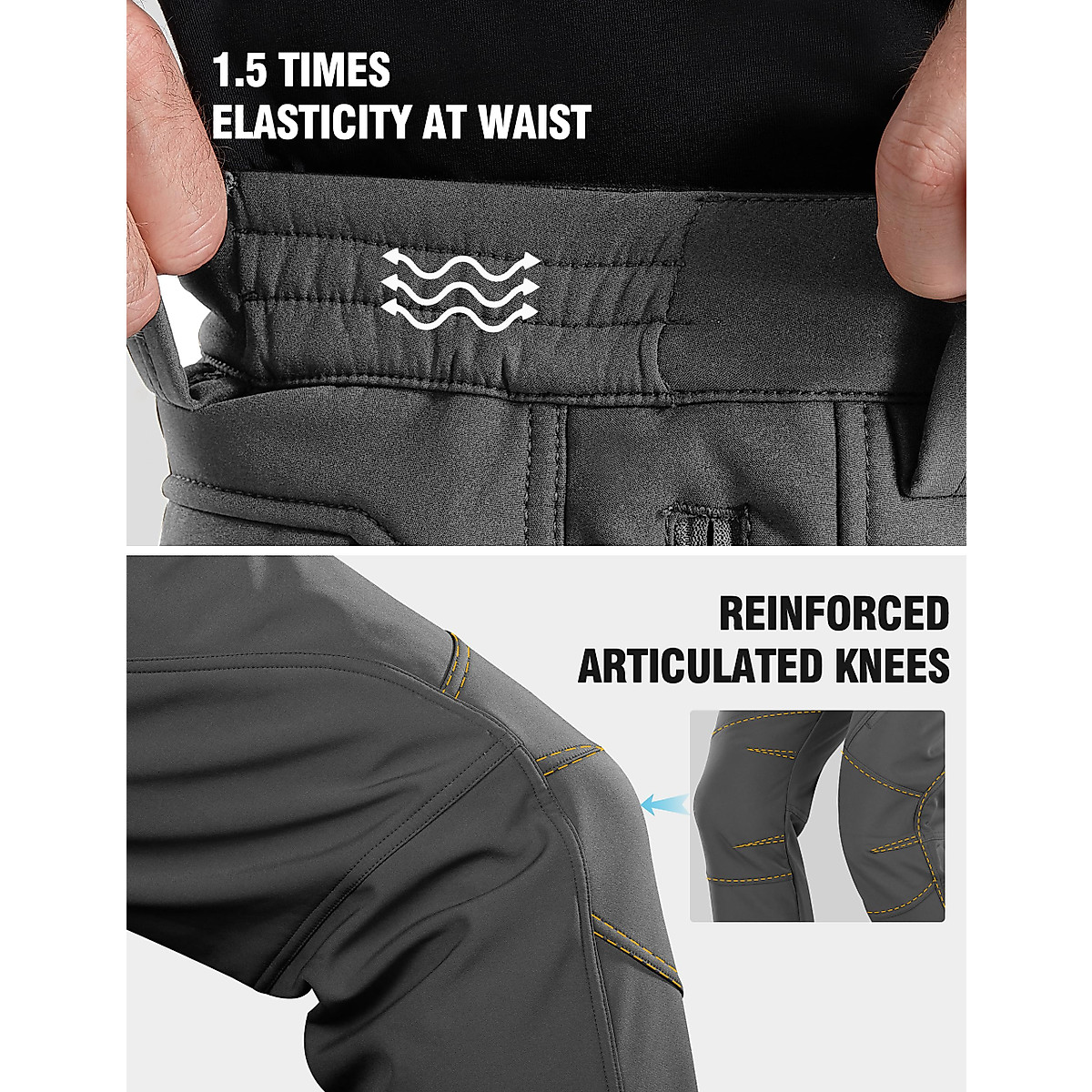 FREE SOLDIER Men's Fleece Lined Outdoor Cargo Hiking Pants Water Repellent Softshell Snow Ski Pants with Zipper Pockets (Gray 36W x 30L)