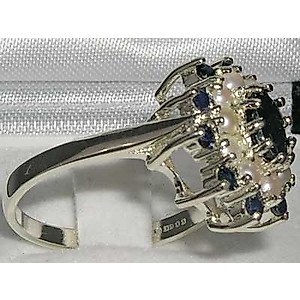 LetsBuyGold 925 Sterling Silver Real Genuine Sapphire and Cultured Pearl Womens Band Ring - Size 7