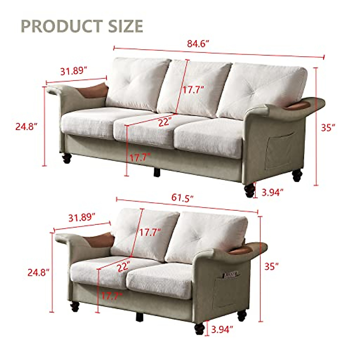 RUNWON Modern Living Room Sectional Furniture Set Include 2+3 Seat Sofa,Linen Fabric Faux Leather with Wood Leg, Beige