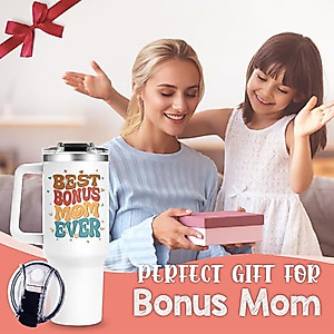 Bonus Mom Tumbler with Handle, Bonus Mom Gifts - 40 oz Best Moms Cups Tumbler with Straw and Lid - Unique Mother In Law Birthday Gift for Mothers Day Christmas for Step Moms Gifts