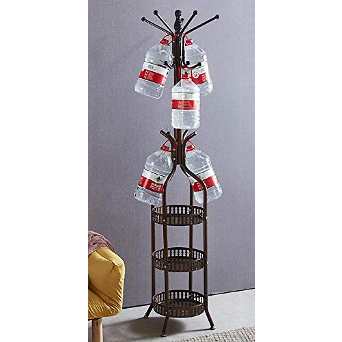 Metal Coat Rack Stand Entryway Hall Tree Coat Tree with Hook and 3-Tier Storage Shelves for Hat Clothes Purse Scarves Handbags Umbrella White (Brown)