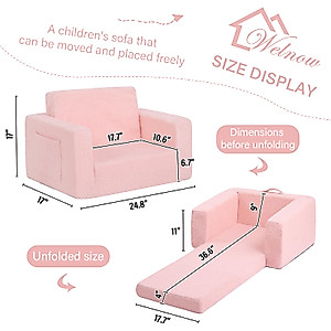 Welnow 2-in-1 Kids Sofa Chair, Convertible Toddler Chair Flip Out Children Sofa Chair Folding Kids Play Sofa with Side Pockets & Removable Cover Armrest Chair for Girl or Boy