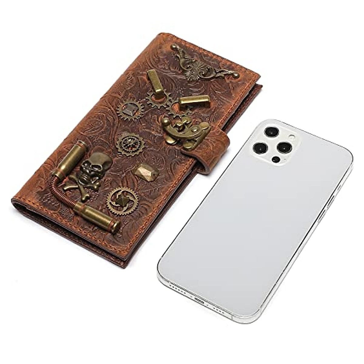 Eamom Genuine Leather Wallet for Women Embossed Punk Clutch Skull Top Layer Leather Wallet with Printing Multi Card Capacity