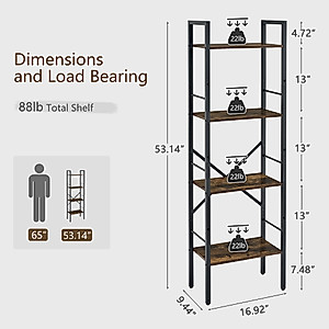 Tajsoon 4 Tier Bookshelf Industrial Ladder Shelf, Tall Skinny Bookshelf with Wood, Freestanding Thin Bookshelf for Home Office, Living Room, Bedroom, Metal Frame, Rustic Brown