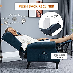 HOMCOM Vibrating Massage Recliner Chair for Living Room, Reclining Wingback Single Sofa with Heat, Linen Fabric Push Back Accent Chair with Footrest, Side Pocket, Dark Blue