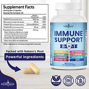 8 in 1 Immune Support Booster Supplement with Echinacea, Vitamin C and Zinc 50mg, Vitamin D 5000 IU, Turmeric Curcumin & Ginger, B6, Elderberry 120 Count (Pack of 2)