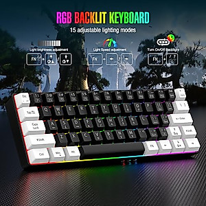 CTBTBESE 60% Wired Gaming Keyboard, RGB Backlit Mini Keyboard, Waterproof Small Ultra-Compact 61 Keys Keyboard for PC/Mac Gamer, Typist, Travel, Easy to Carry on Business Trip(Black-White)