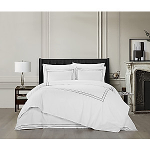 Chic Home Alexander 3 Piece Cotton Duvet Cover Set Solid White with Dual Stripe Embroidered Hotel Collection Bedding – Includes Two Pillow Shams, King, Grey