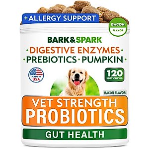 Bark&Spark Vet Strength Dog Probiotics Chews & Digestive Enzymes for Allergies Itchy Skin - Dogs Digestive Health - Gas, Diarrhea, Constipation Relief Pills - Prebiotics for Dogs Gut Health (120 Ct)