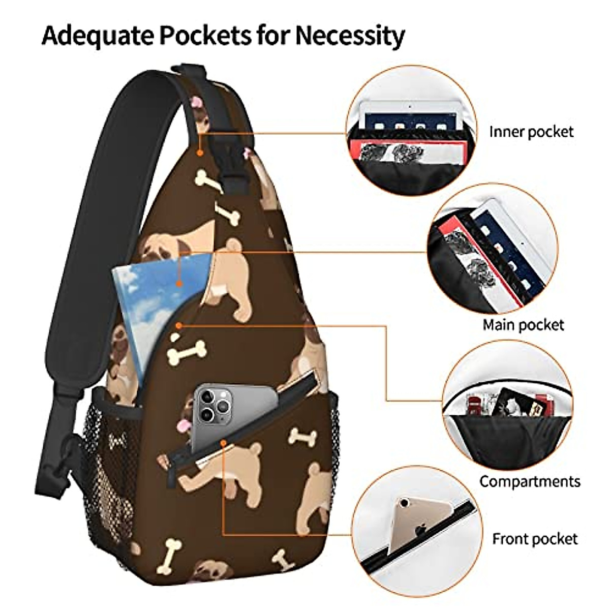Crossbody Bag Sling Shoulder Backpack for Men Women Pug Cute Puppy Dog Unisex Small Hiking Backpack Durable Hiking Daypack for Sport Casual Walking Biking Travel Cycling