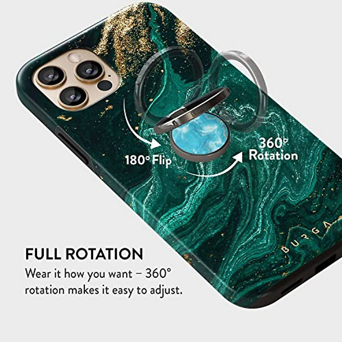 BURGA Stylish Metal Cell Phone Ring Stand Holder, Finger Grip Kickstand 360 Degree Rotation, Blue Teal Marble Stone, Universal Compatible with iPhone iPad Samsung Galaxy Huawei Google Pixel