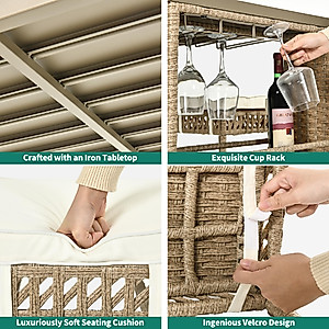 YITAHOME 5 Piece Patio Bar Set, Outdoor High Top Table and Chairs with Wine Glass Holder and Soft Cushions, Outdoor Wicker Furniture for Backyard, Garden Yard, Balcony, Beige Rattan