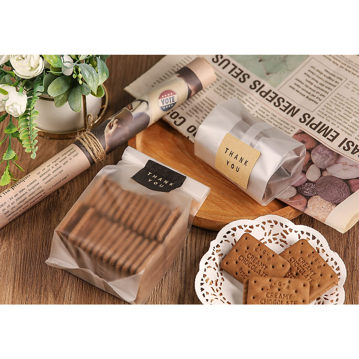 LOKQING 100 PCS Resealable Mylar Bags 4.9x7.9 Inches and 100 Pcs Translucent Plastic Cookie Bags with Stickers