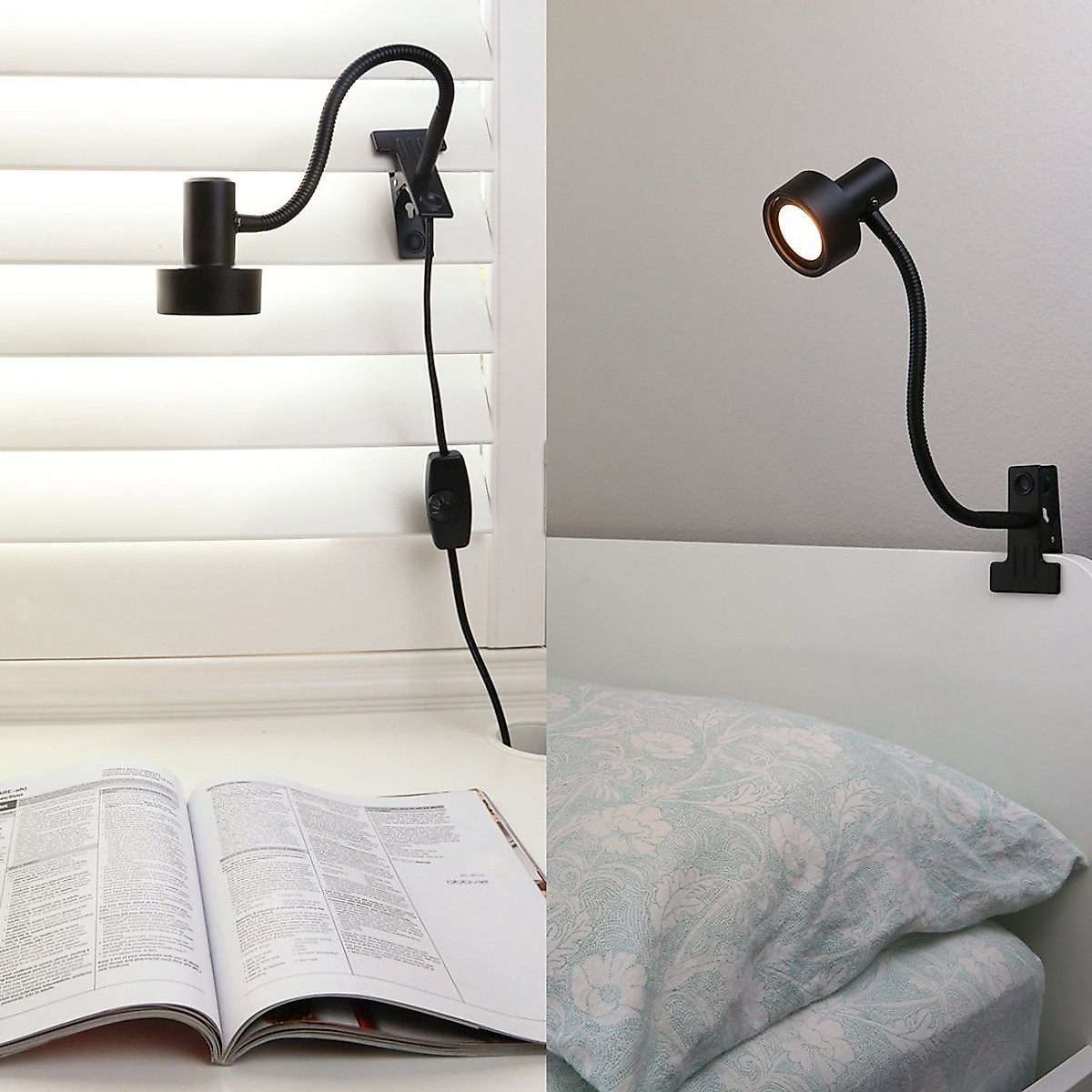 O’Bright LED Clip on Light for Bed Headboard/Desk, Dimmable LED Desk Lamp with Metal Clamp, 5W LED, Flexible Gooseneck, Adjustable Brightness for Eye-Care Reading, Vintage Design (Metal Black)
