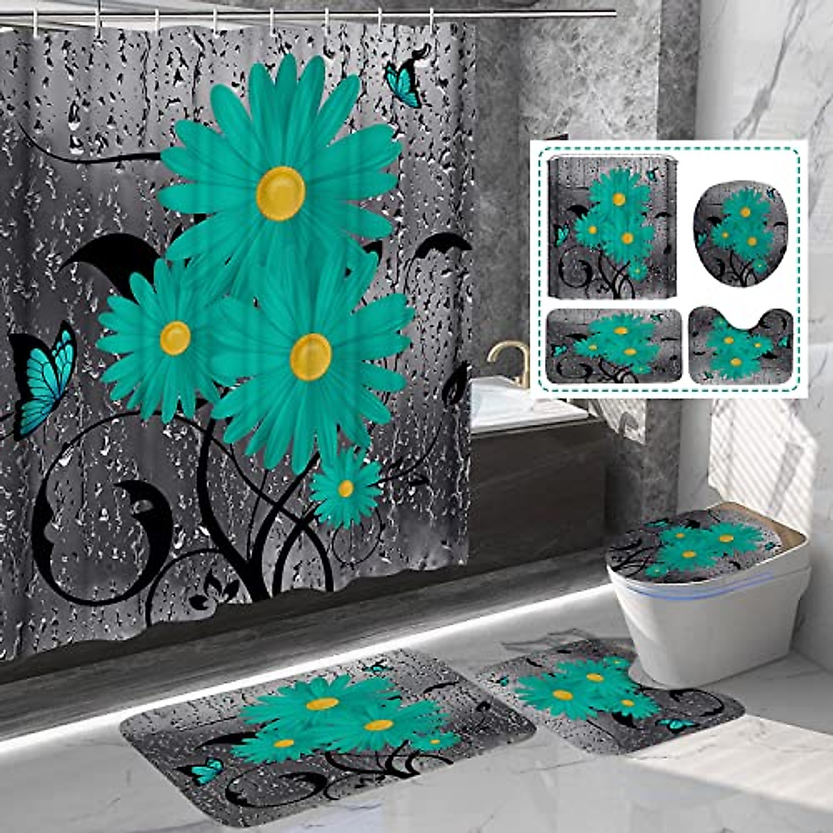 4Pcs Green Daisy Shower Curtain Sets with Non-Slip Rugs, Toilet Lid Cover and Bath Mat, Floral Butterfly Bathroom Decor Set Accessories Waterproof Shower Curtains with 12 Hooks, 72 x 72 Inch