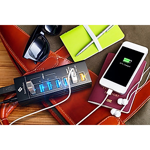 SmartDelux Powered USB Hub - USB 3.0 Ports Hub with 3 Smart Charging Ports, Power Adapter, Long Cord, LEDs (7-Port USB Hub)