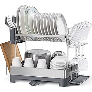 TOOLF Dish Drying Rack, 2-Tier Dish Rack with Large Capacity, Multifunctional Dish Drainer with Drainboard, Rustproof & Durable with 360° Drainboard Set with Cutting Board Rack, Tool-Free Installation