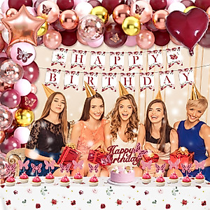 Birthday Decorations Party Pack for Women Girls Burgundy Birthday Party Supplies for Her Red Flower Backdrop Burgundy Rose Gold Balloon Arch Kit Banner Floral Tablecloth Butterfly Cupcake Toppers