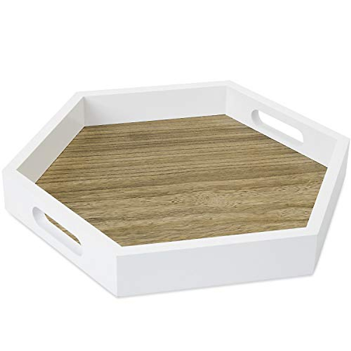 MyGift Hexagonal White Wood Decorative Tray with Handles and Burnt Wood Base, Geometric Serving Tray Ottoman Breakfast Tray