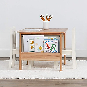 Humble Crew, Natural/White Wood Table Set with Book Storage, 2 Chairs-Toddler