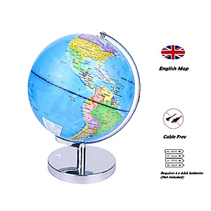 Exerz Illuminated World Globe 9.1-inch Diameter Metal Base - Political Map (Day) Constellation Globe (Night) - 2 in 1 Light up Cable Free LED lamp