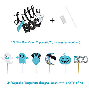 92 Packs Blue Black Little Boo Party kit Little Boo Banner Cake Topper Halloween Ghost Bat Balloons for Blue and Black Halloween Boy Baby Shower Decorations