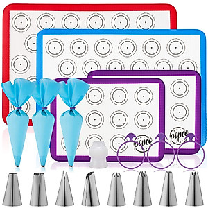 POPCO Macaron Baking Kit (19pcs Set) - 2 Half Size and 2 Quarter Size Silicone Macaron Baking Mats Plus 8 Piping Tips, 3 Piping Bags with 3 Bag Ties, 1 Coupler