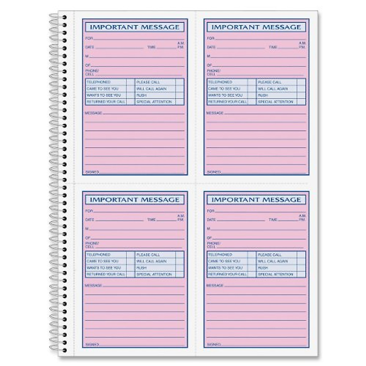 Adams Spiral Bound Phone Message Book, Carbonless Duplicate, 4 Messages per Page, 200 Sets per Book (SC1184D)
