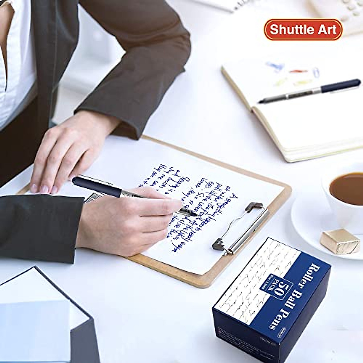Shuttle Art RollerBall Pens, 50 Pack Blue Fine Point Roller Ball Pens, 0.5mm Liquid Ink Pens for Writing Journaling Taking Notes School Office