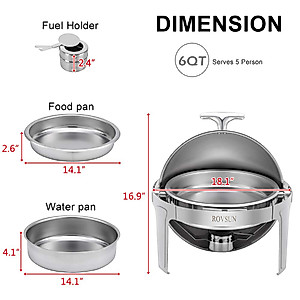 ROVSUN Chafing Dish Buffet Set,6 Quart Roll Top Stainless Steel Chafer, NSF Round Set with Food Pan, Water Pan and Fuel Holders, for Wedding, Parties, Banquet, Catering Events