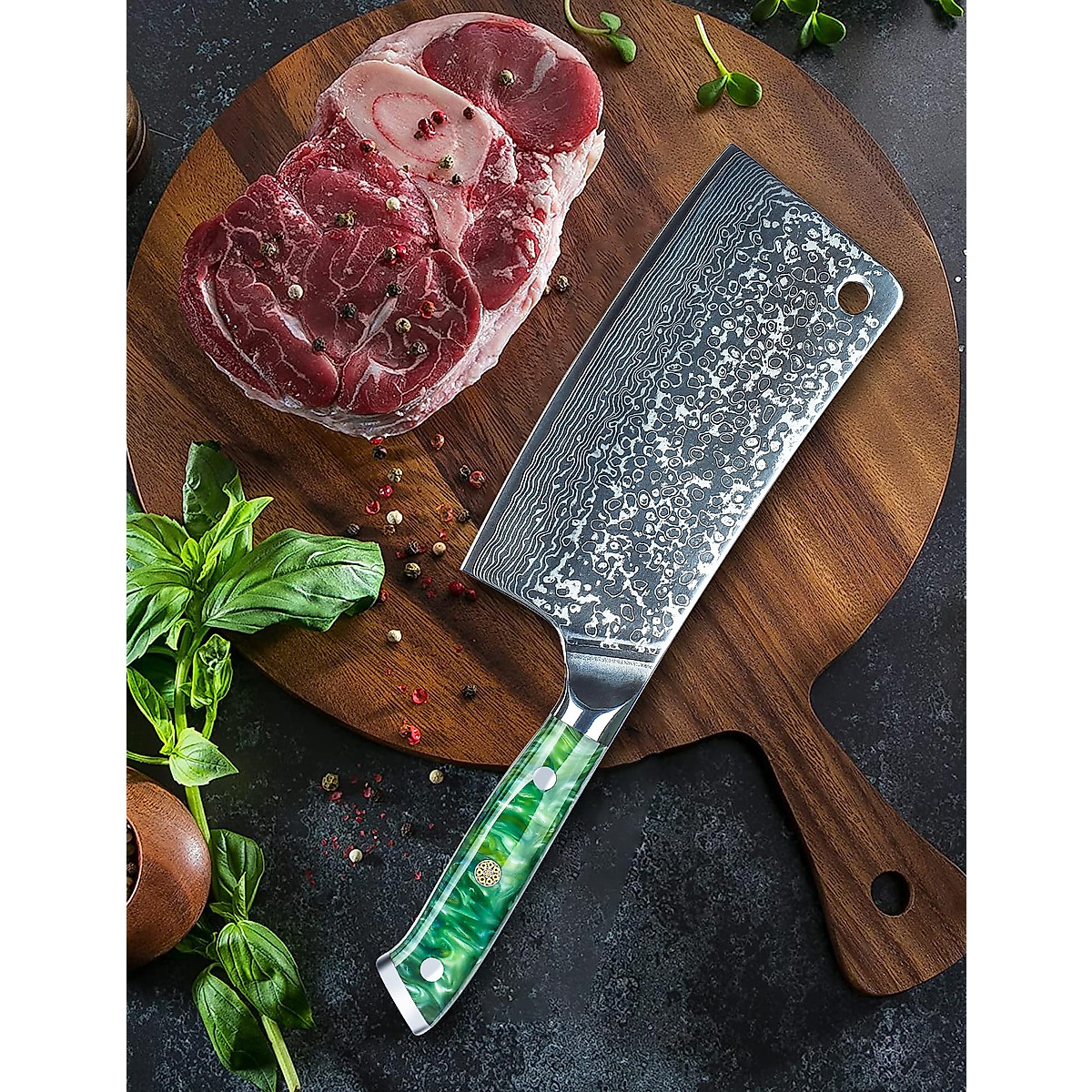 SANMUZUO Chopping Knife - 7 inch Cleaver Knife- Xuan Series - VG10 Damascus Steel Kitchen Knife - Resin Handle (Jade Green)