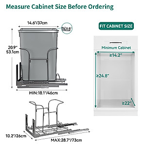 YITAHOME 32 Quart Pull-Out Trash Can Recycling Bin with Lid for 14.2" W x 22" D x 24.8" H Minimum Cabinets, Sliding Under Mount Kitchen Waste Garbage Container with Soft-Close Slides, Gray