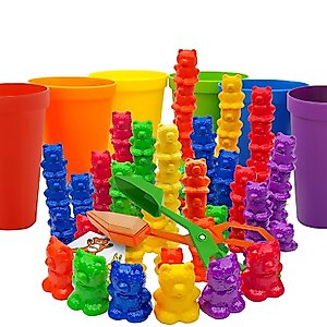 Skoolzy Rainbow Stacking Bears with Matching Sorting Cups 69 Piece Set, 60 Bear counters, Scissor Tongs, Rainbow Cups, Storage Bag, Sorting dice Game