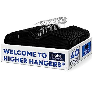 Higher Hangers Non-Slip Velvet Hangers, Slimline Space Saving Hangers for Clothes, Closet Organizer for College Dorms, RV’s, & More, Creates Closet Space, Reduces Wrinkles & Clutter, 40 Pc, Black