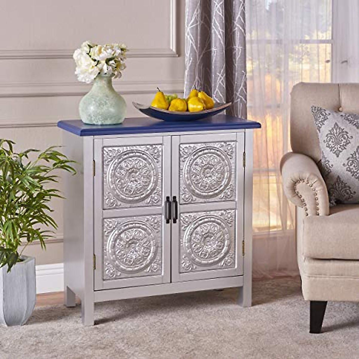 Christopher Knight Home Alana Firwood Cabinet with Faux Wood Overlay, Silver / Navy Blue