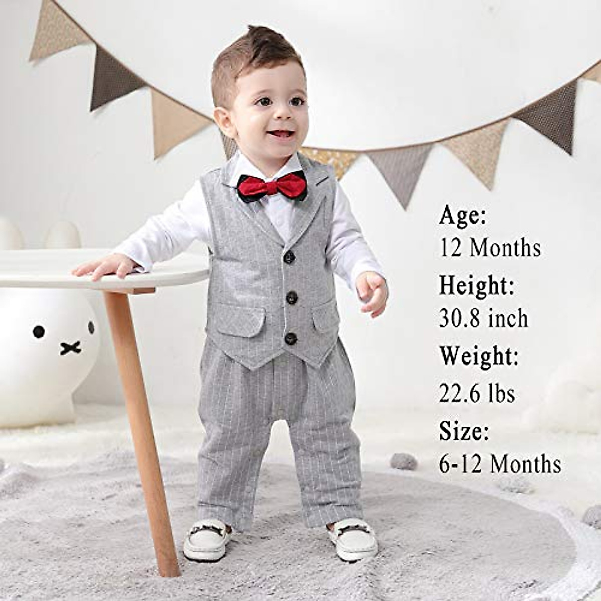 Kgurtagh Baby Boy Suit Outfit, Long Sleeve One-Piece Romper & Vest & Beret & Bow Tie, Infant Boys Gentleman Outfits for Formal Wear, Baby Boy Dressy Clothes (4pc, 0-24 Months),Grey,6-12M