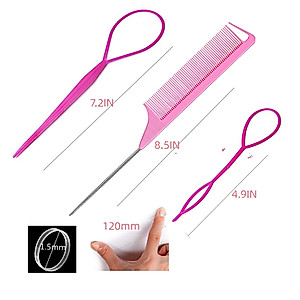 1000Pcs Clear Elastic Hair Rubber Bands, Soft And Small Hair Elastics Ties for Girls And Women, 2pcs Topsy Tail Hair Tools,Hair loop Styling Tool,1Pcs Rat Tail Combs for Hair styling,Pink Schembo