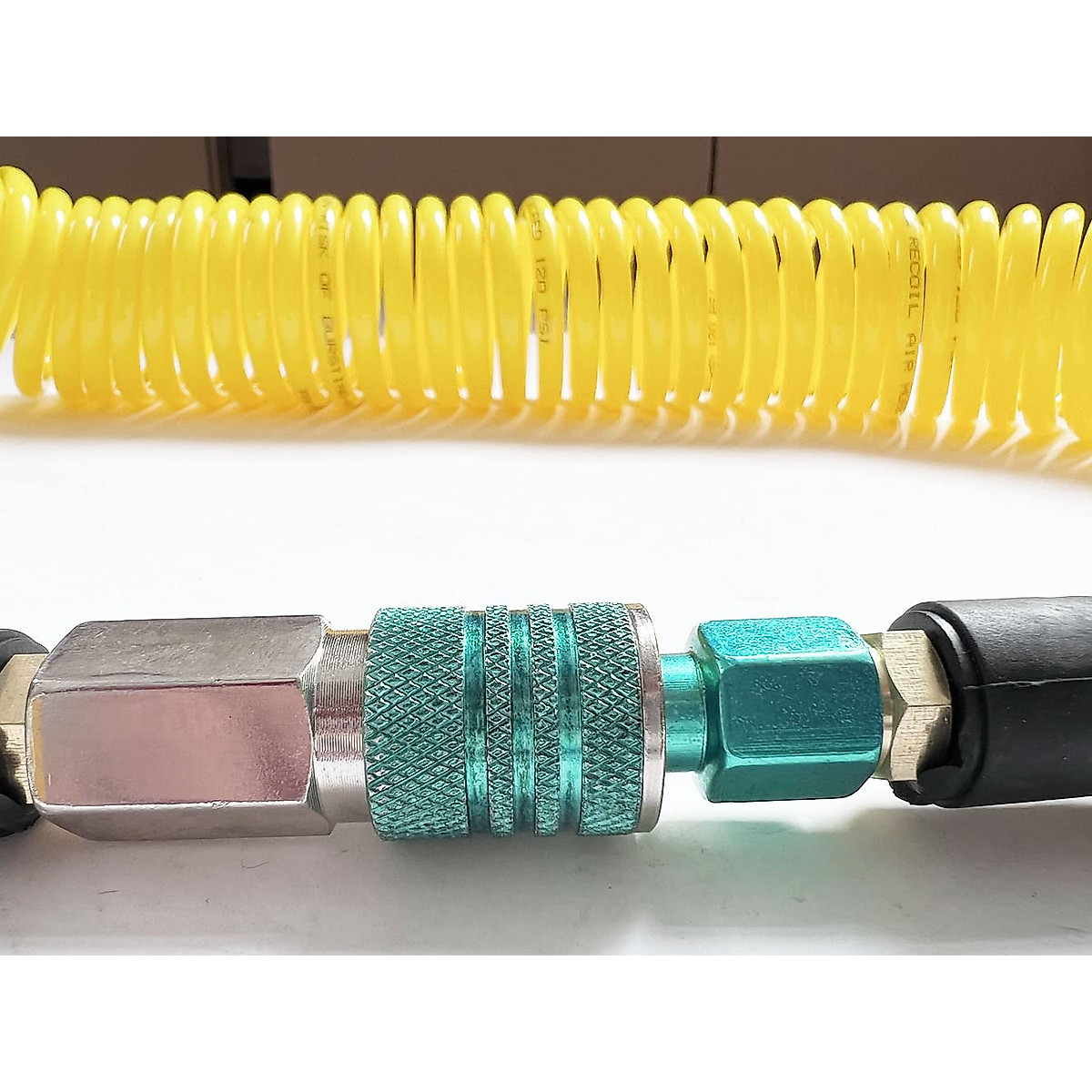 SANFU (PU) Polyurethane Recoil Air Hose 1/4”ID x 25ft with Bend Restrictor,1/4” Industrial Steel Quick Coupler and Plug, 2-Pack