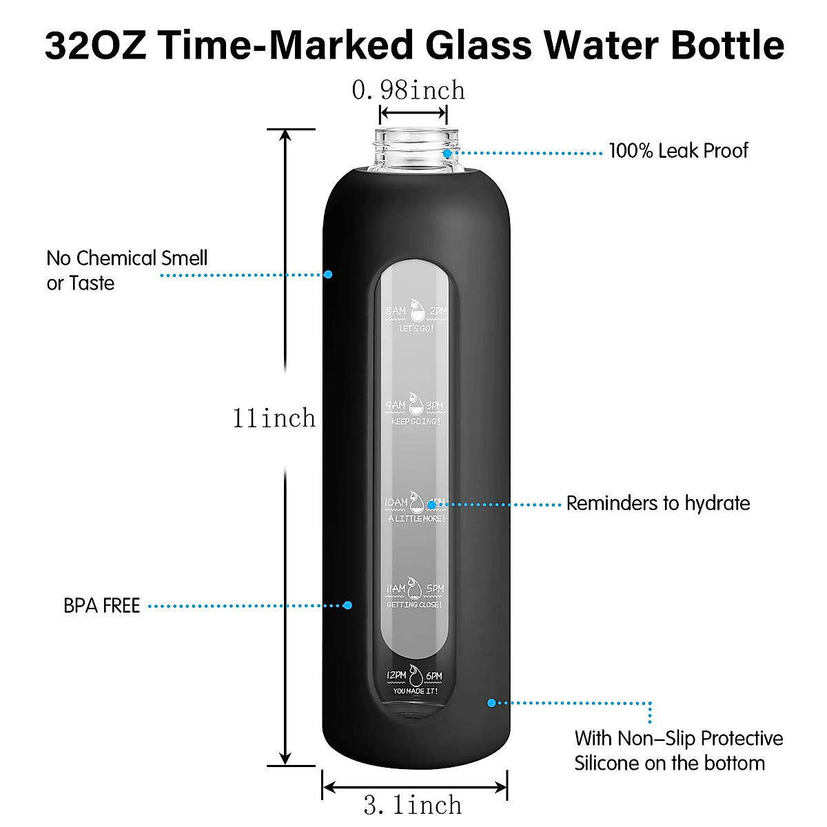 Sursip 32oz Motivational Glass Water Bottle with Time Marker, Silicone Sleeve, and Bamboo Lid - 1 Liter Reusable Drinking Bottle with Ice Cube Tray, Leak-Proof Design