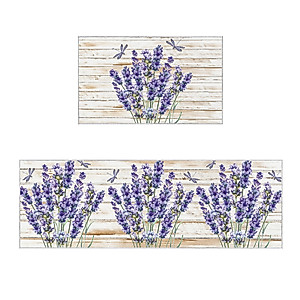 Spring Flower Kitchen Rugs Lavender Summer Floral Dragonfly Wood Grain Anti-Fatigue Absorbent Kitchen Mat Non-Slip Soft Shag Area Runner Rug for Bedroom Hallway Bathroom 15.7x23.6in+15.7x47.2in
